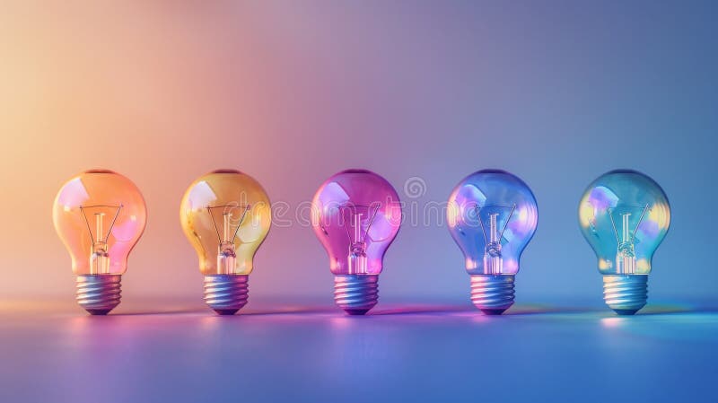 Five Colorful Light Bulbs in a Row, Glowing in Different Colors on a ...