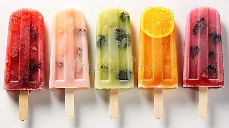 Five Colorful Popsicles with Different Fruit Flavors on a White ...