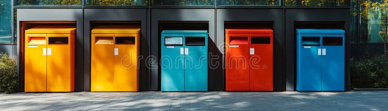 Five Colorful Recycling Bins Stand in a Row Stock Illustration ...