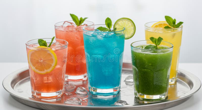 Five Colorful Refreshing Drinks with Ice and Mint on Silver Tray Stock ...