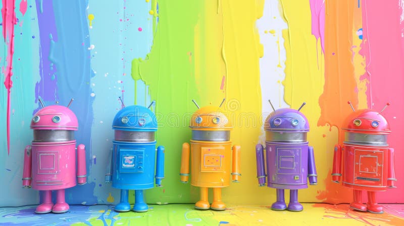 Five Colorful Robots in Front of a Rainbow Wall Stock Image - Image of ...