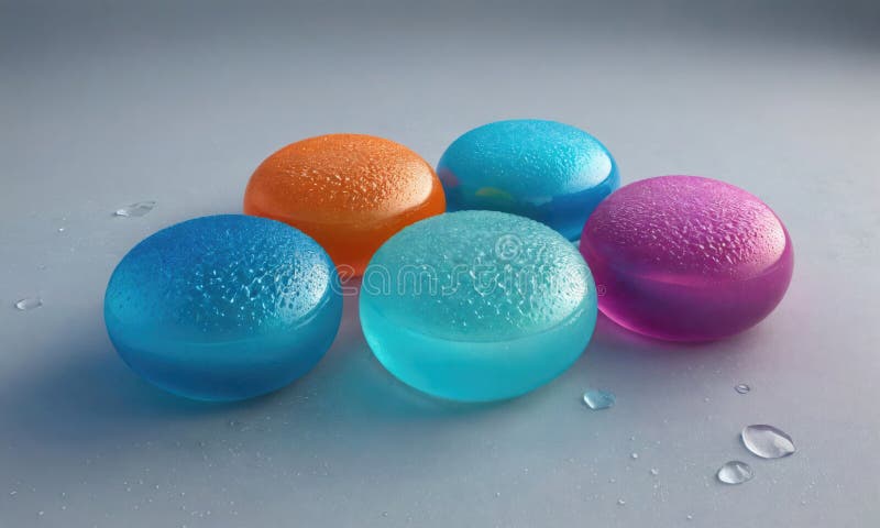 Five Colorful, Round Objects Sit on a Grey Surface, Surrounded by Small ...