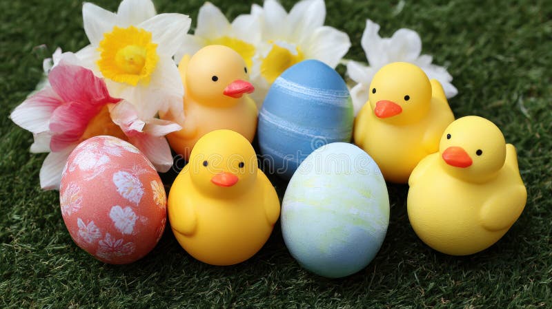 Five Colorful Rubber Ducks and a Painted Egg Sit on the Vibrant Green ...