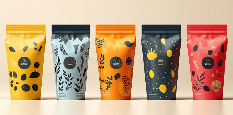 Five Colorful Stand Up Pouches with Different Pattern Designs on a ...