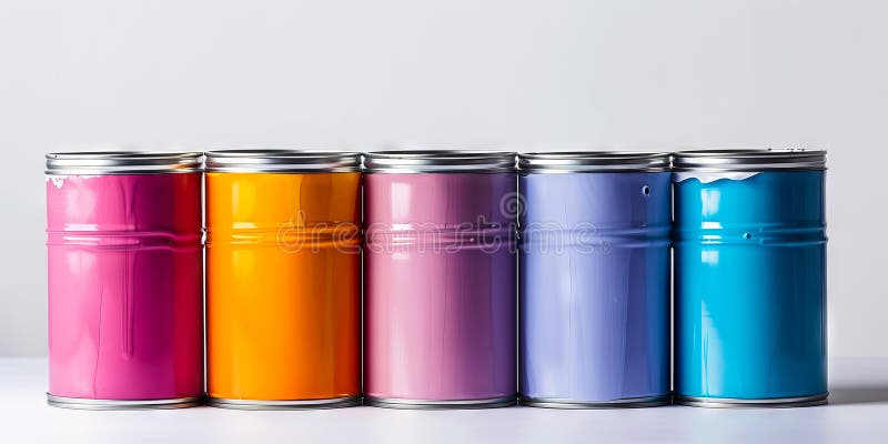 Five Colorful Tin Cans Lined Up on a White Surface Stock Image - Image ...