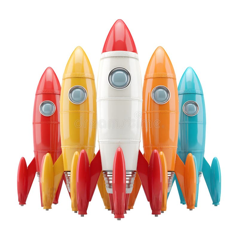 A Group of Five Colorful Toy Rockets Standing in a Row on a White ...