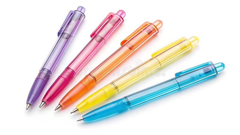 Five Colorful Translucent Ballpoint Pens Arranged on White Background ...