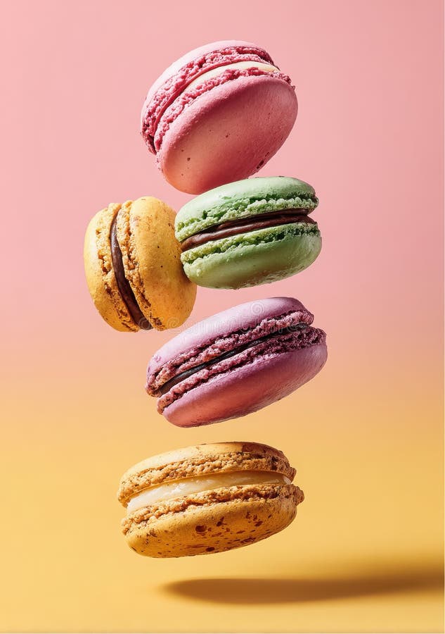 Five Colourful Macarons Balanced in Mid-air on a Light Pink To Light ...