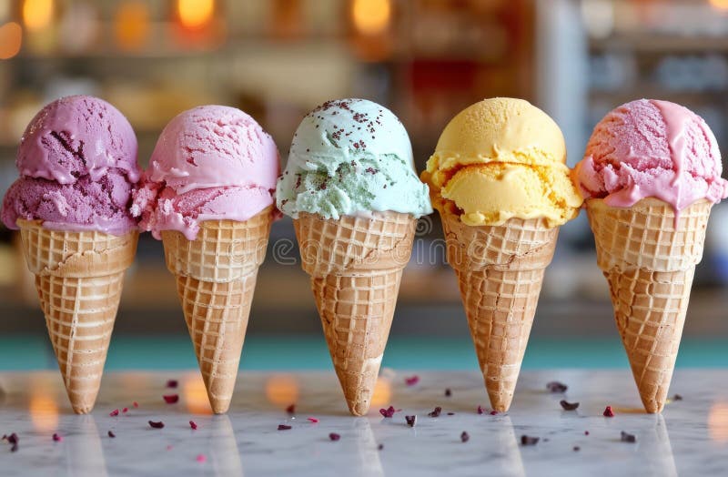 Five Cones of Different Flavors on a Table Stock Illustration ...