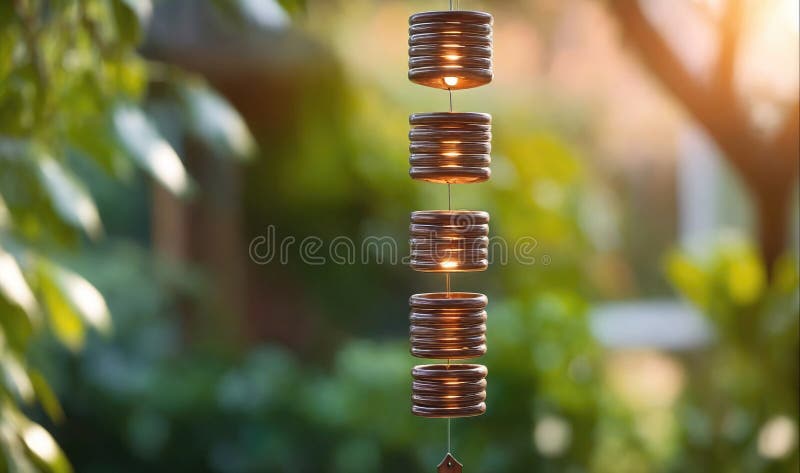 A String of Five Copper Lanterns Hangs in the Afternoon Sun Stock Photo ...