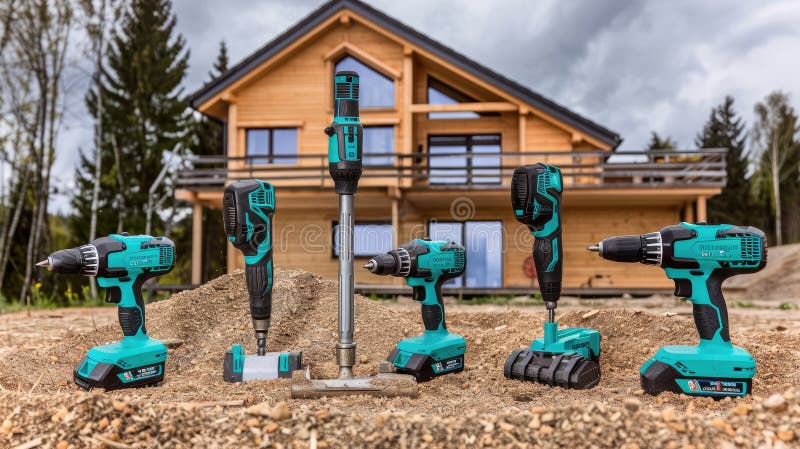 Five Cordless Power Tools are Lined Up on the Ground in Front of a ...