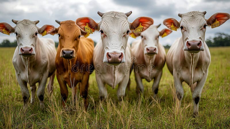 Five Cows Standing in a Field, Looking Directly at the Camera Stock ...