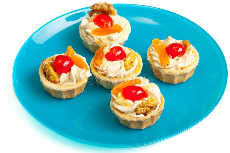 Five Creamy Cakes on a Blue Plate Stock Image - Image of mouth, kitchen ...