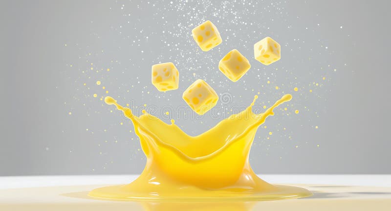 Five Cubic Cheese Pieces Falling into a Splash of Yellow Liquid Stock ...