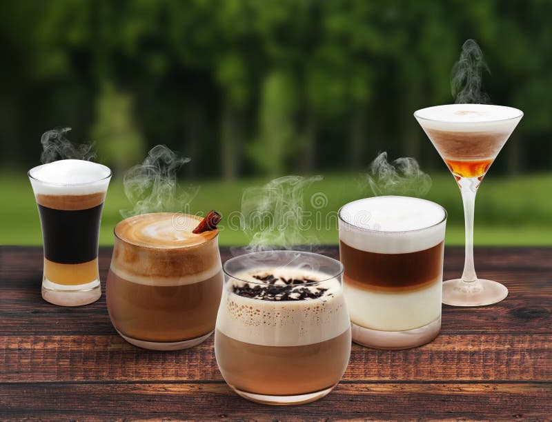 Five Cups of Coffee on the Wooden Table Stock Image - Image of forest ...