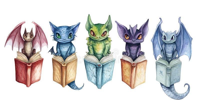 Five Cute Baby Dragons Reading Books Stock Illustration - Illustration ...