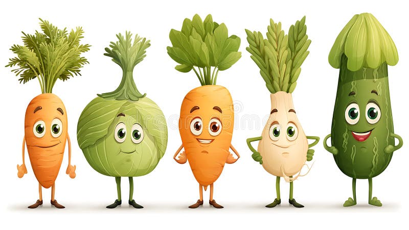 Five Cute Cartoon Vegetables on White Background Stock Illustration ...