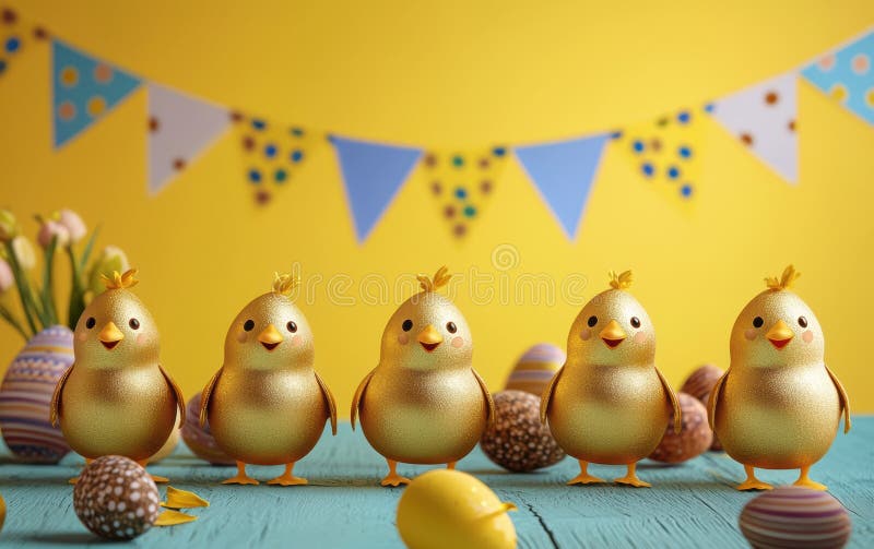Five Cute Chicks Stand in a Row beside Colorful Easter Eggs. Stock ...
