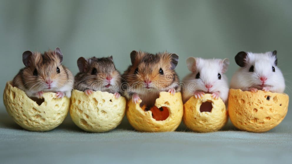 Five Cute Hamsters in Yellow Shells on a Green Background Stock ...