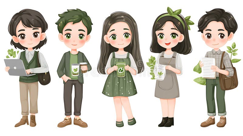Five Cute Pixel Art Characters in Green Casual Outfits Stock ...