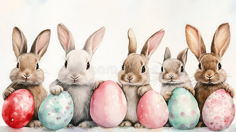 Five Cute Rabbits with Pastel Easter Eggs Watercolor Painting Stock ...