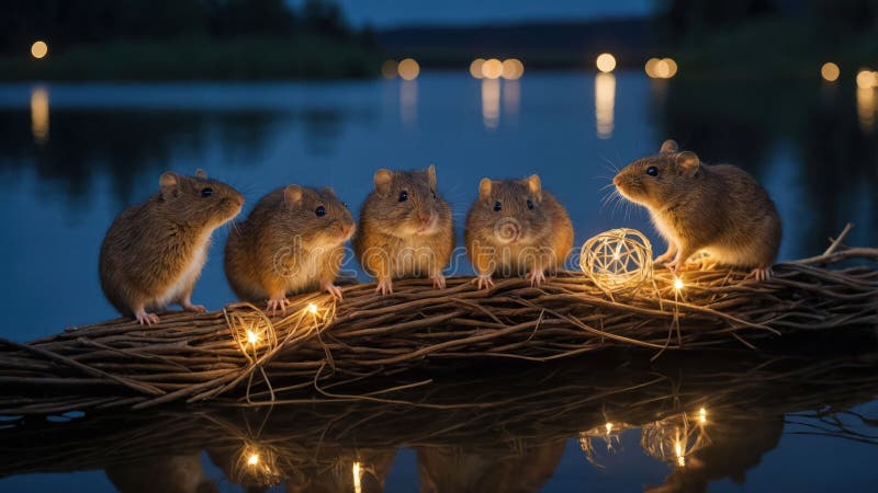 Charming Mice Gathering by Night Lake with Fairy Lights Stock ...
