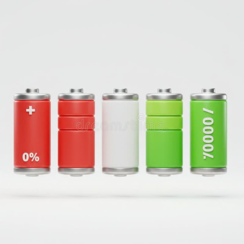 Five Cylindrical Batteries Showing Different Charge Levels Stock ...