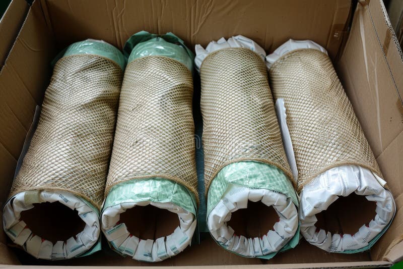 Five Cylindrical Cardboard Packages Wrapped in Protective Mesh, Inside ...