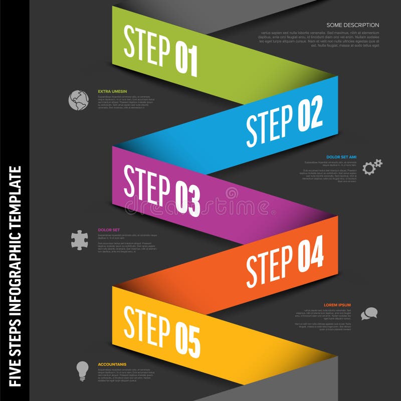 Five Dark Horizontal Corner Steps Elements Template with Icons Stock ...