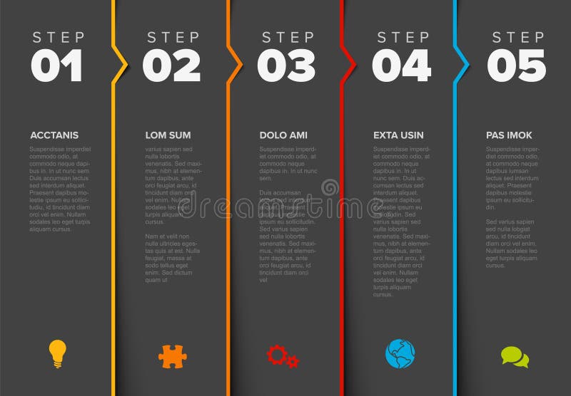 Five Dark Gray Steps Progress Page Template with Color Borders, Arrows ...