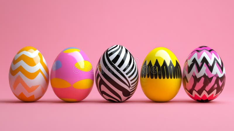 Five Decorated Easter Eggs in a Row on Pink Stock Illustration ...