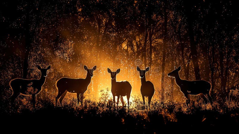 Five Deer Silhouetted Against a Warm, Glowing Forest Backdrop Stock ...