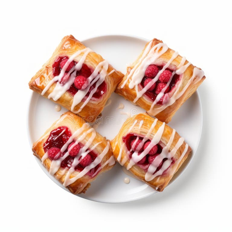 Delicious Raspberry Danish with Coffee on White Background Top View ...