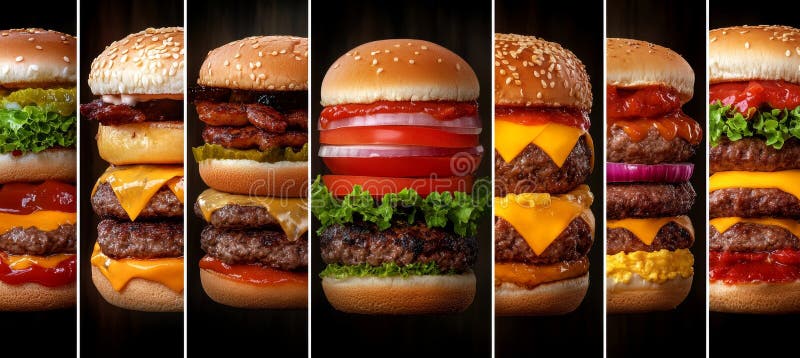 Five Delicious, Stacked Burgers with Different Toppings, Isolated on ...