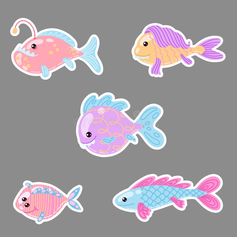 Five Different Cartoon Styled Fishes Sticker Set Stock Vector ...