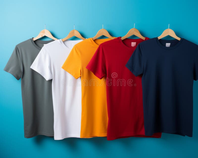 Five Different Colored T - Shirts Hanging on Clothes Hangers Stock ...