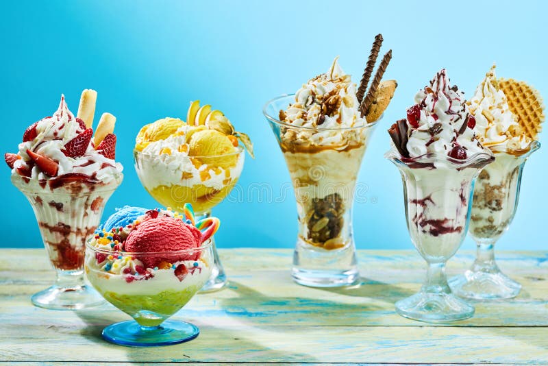 Five Different Flavor Ice Cream Sundaes Stock Photo - Image of ...