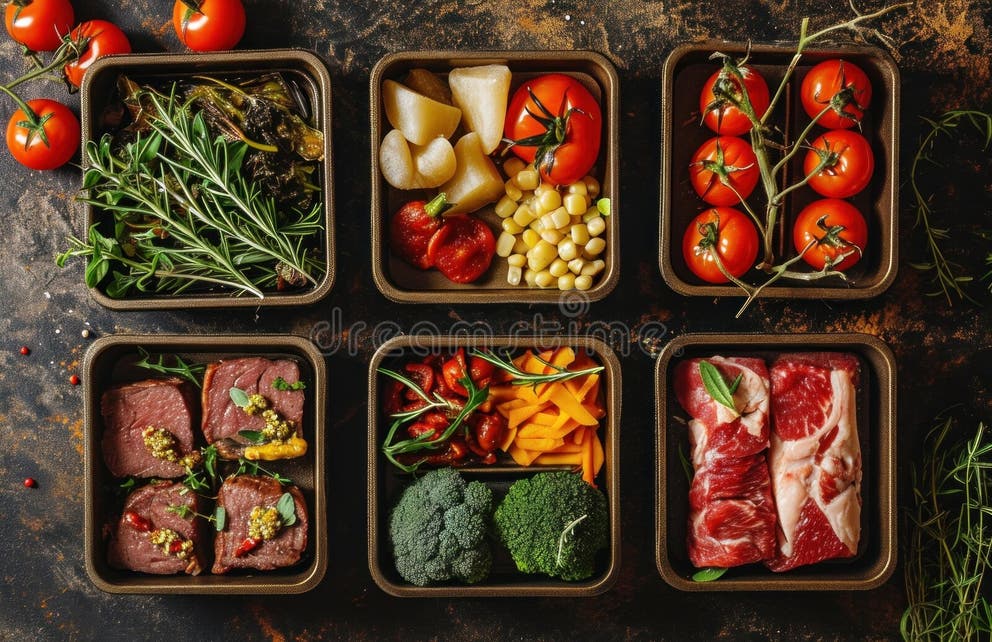 Five Different Meal Boxes with Different Types of Meat Stock Photo ...