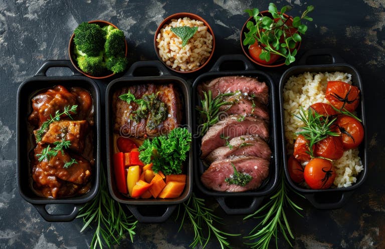 Five Different Meal Boxes with Different Types of Meat Stock Photo ...