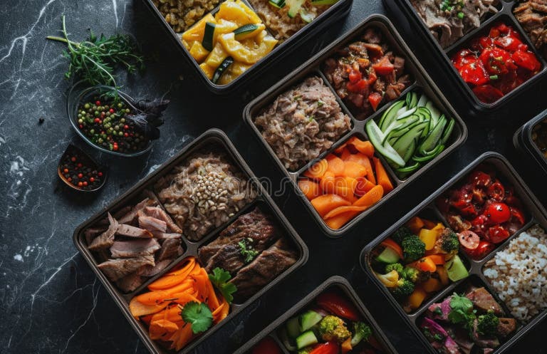 Five Different Meal Boxes with Different Types of Meat Stock Image ...