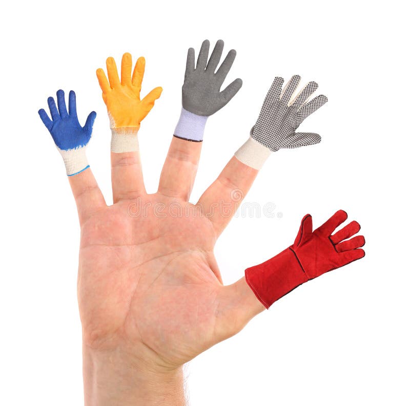 Five Different Small Gloves Wearing a Hand Stock Photo - Image of ...
