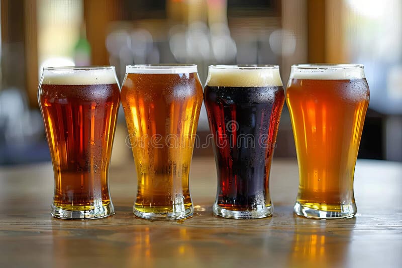 Five Different Type of Beer in a Row, in Glasses on a Table Stock ...