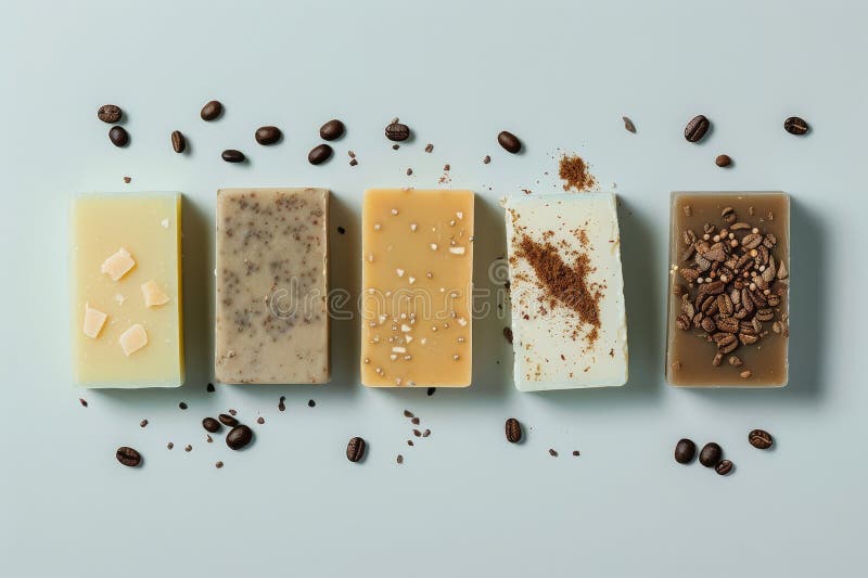 Five Different Types of Artisanal Soap are Arranged Neatly on a Soft ...