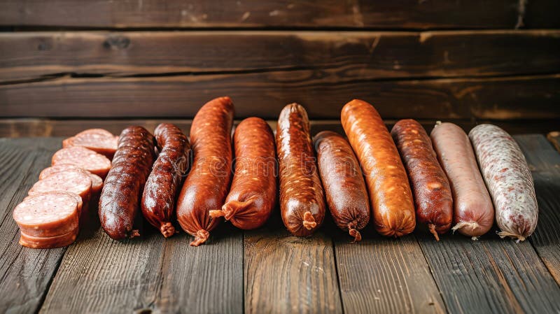 Five Different Types of Sausage Hanging from Strings Stock Illustration ...