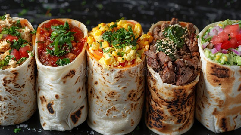 Five Different Varieties of Burritos on a Dark Background Stock ...