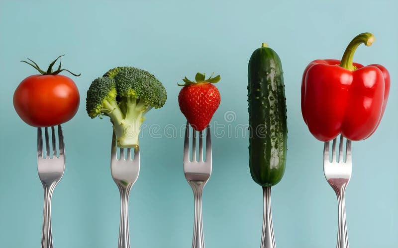 Five Different Vegetables, a Tomato, Broccoli, Strawberry, Cucumber ...