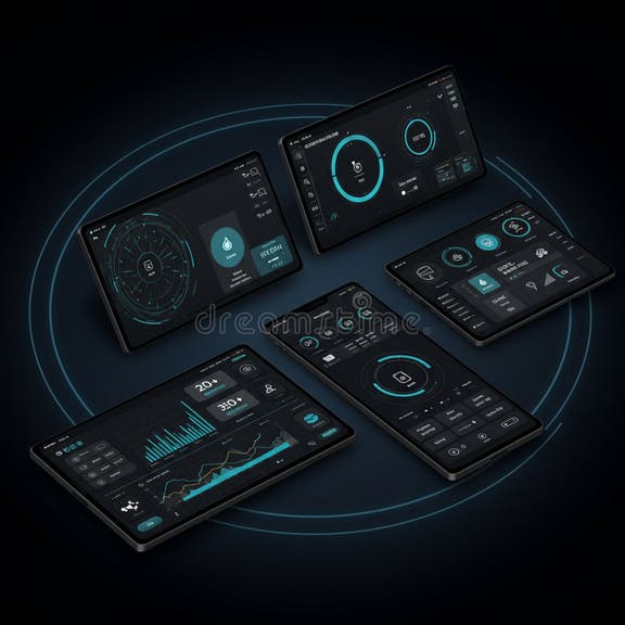 Five Digital Tablet Screens Display Various Futuristic User Interfaces. Each Screen Stock ...