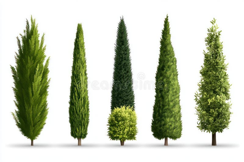 Five Diverse Evergreen Trees: Realistic 3D Render of Conical, Columnar ...