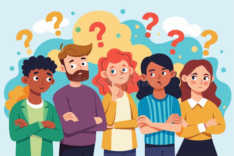 Five Diverse Individuals Express Confusion, Surrounded by Colorful ...