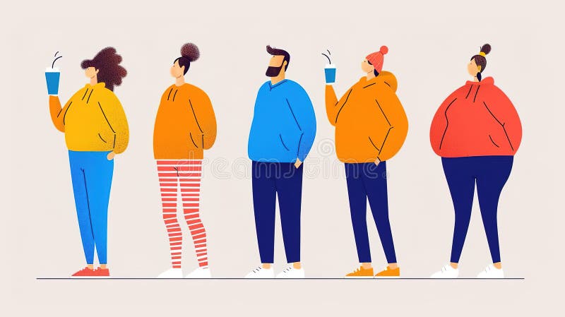 Five Diverse People in Hoodies Holding Coffee Cups, Standing in a Line ...